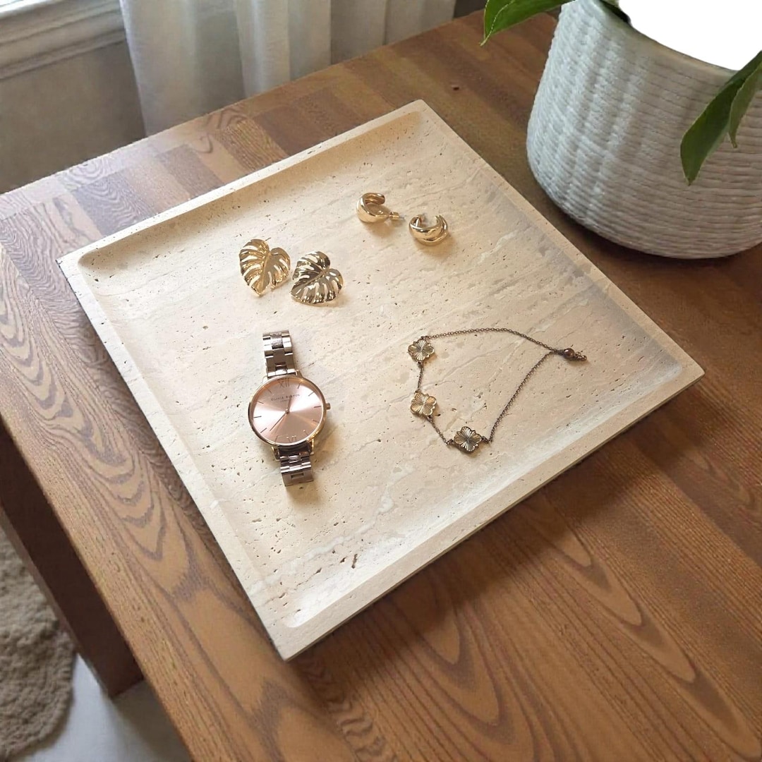 Square Beige Travertine Natural Stone Tray | Genuine Marble Vanity Tray ...