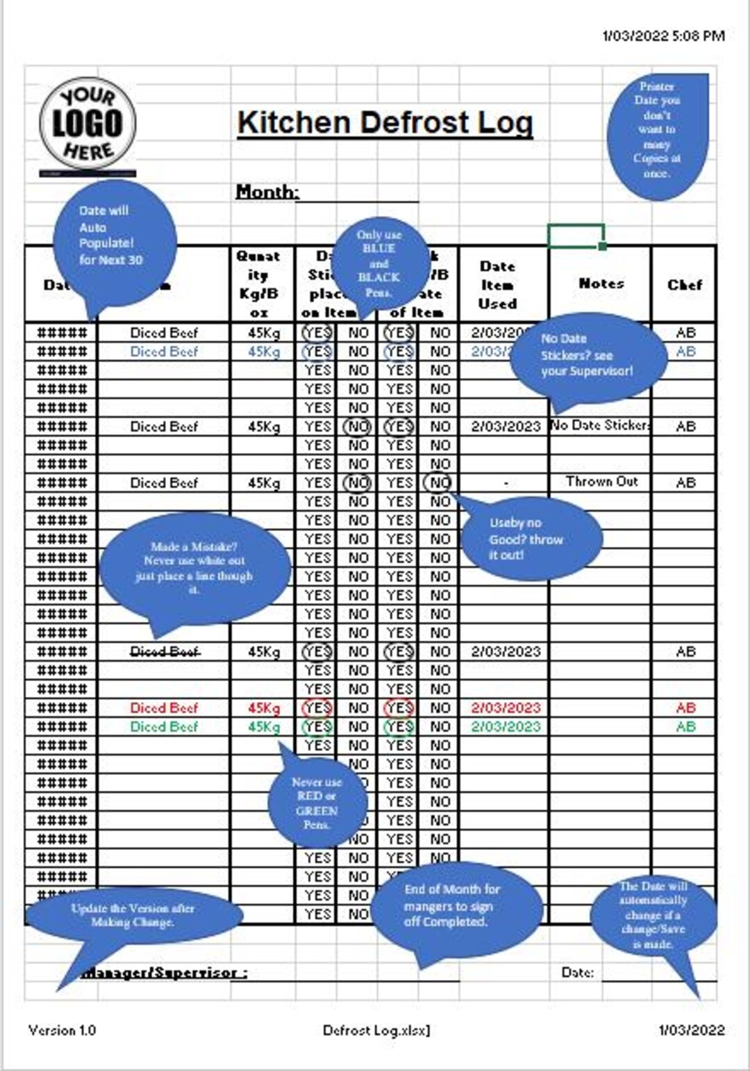 Kitchen Defrost Log Template – Editable HACCP Record Sheet for ...