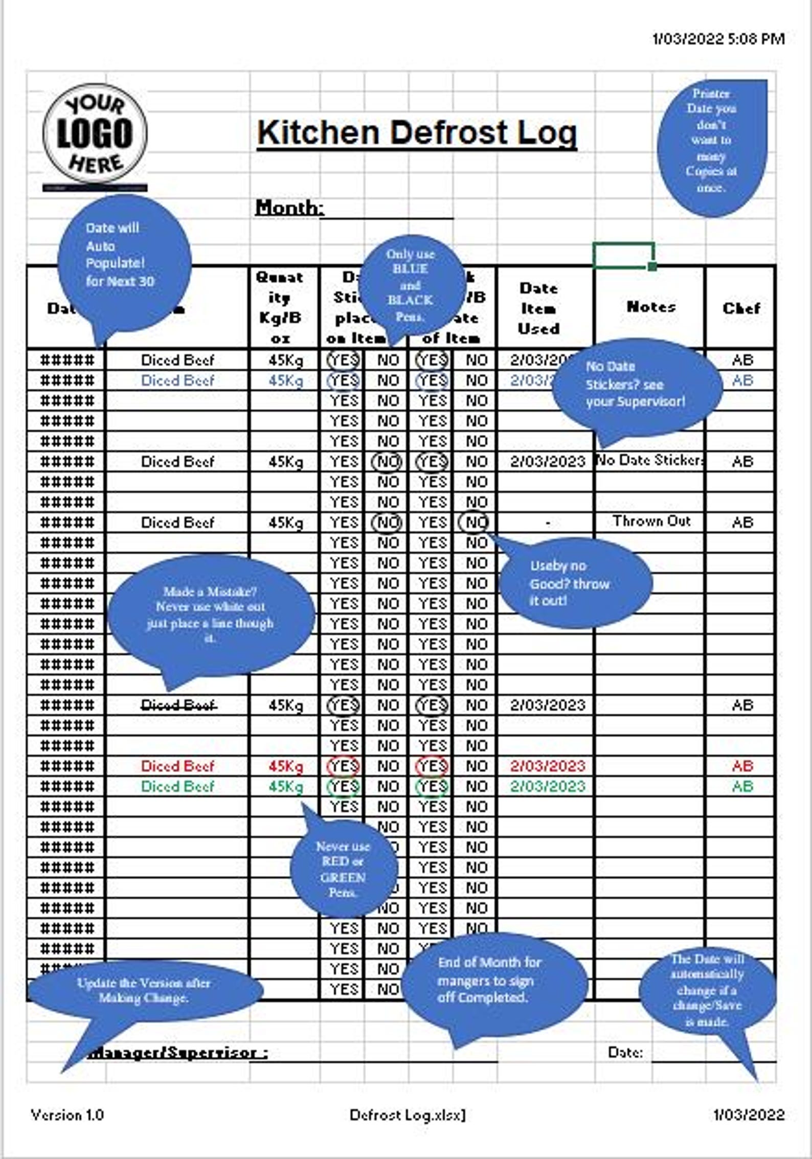 Kitchen Defrost Log Template – Editable HACCP Record Sheet for ...