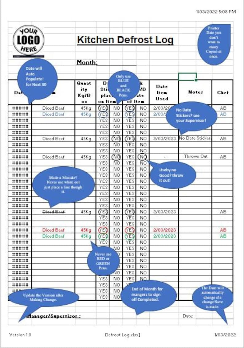 Kitchen Defrost Log Template – Editable HACCP Record Sheet for ...