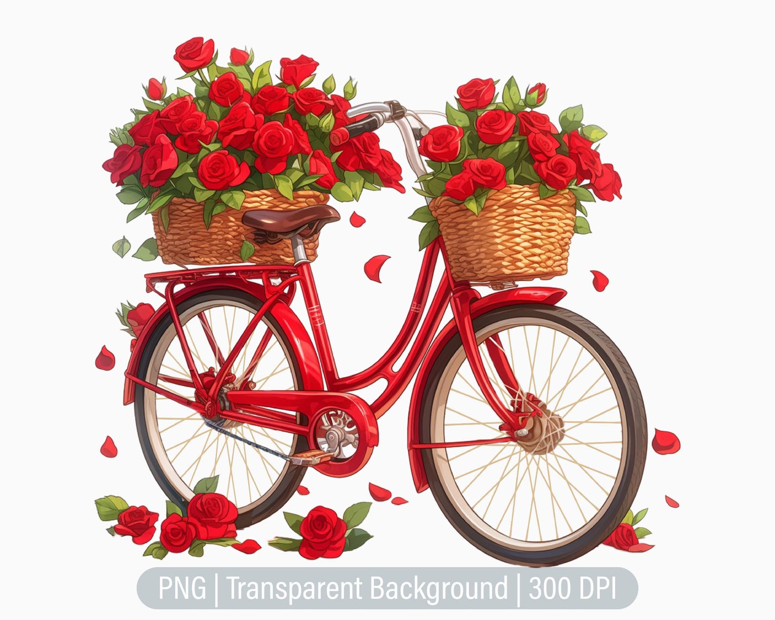 Red Roses Bicycle Clipart, Retro Bike PNG, Flower Bicycle, Scrapbooking ...
