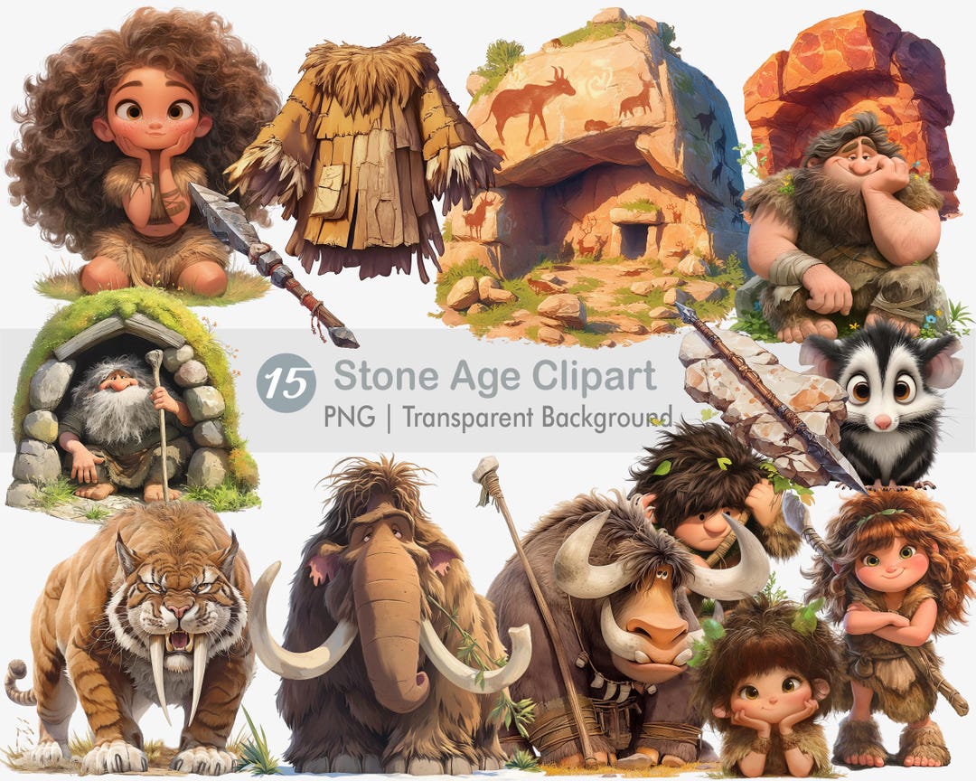 Stone Age Clipart, Cave Man PNG, Cave Art, Stone Age Animals, Printable ...