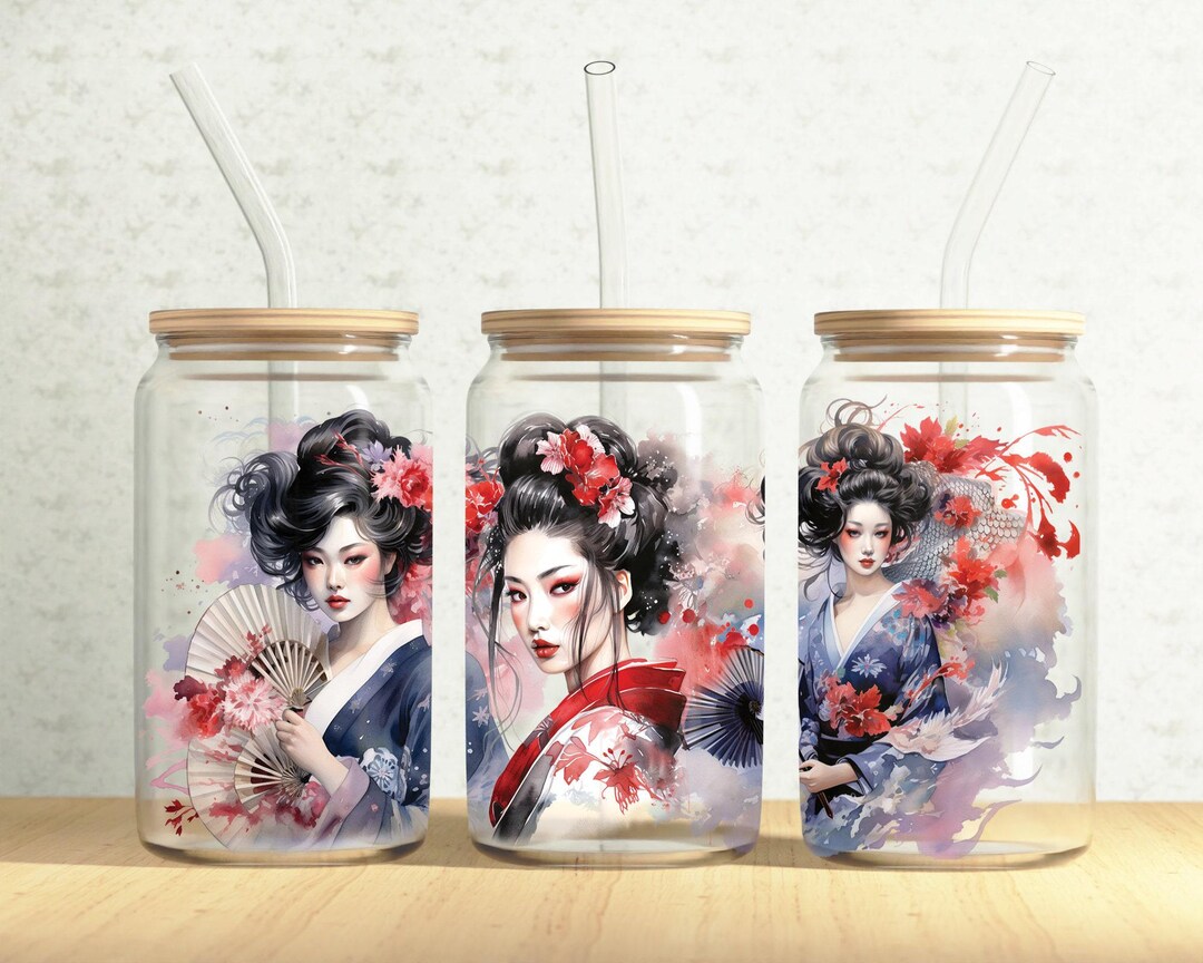 Japanese Geisha Glass Can Wrap, Traditional Geisha 16oz Glass Can ...