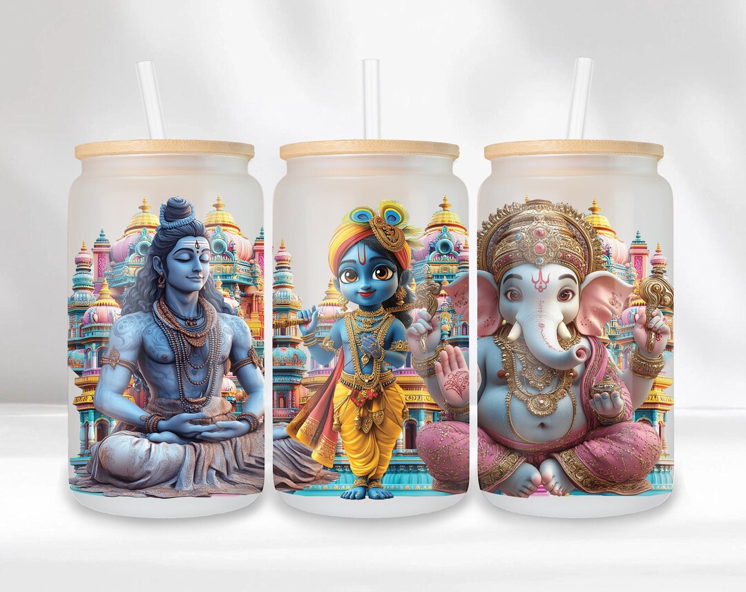 Hindu Gods Glass Can Wrap, Ganesha 16oz Glass Can, Krishna Temple 16oz ...