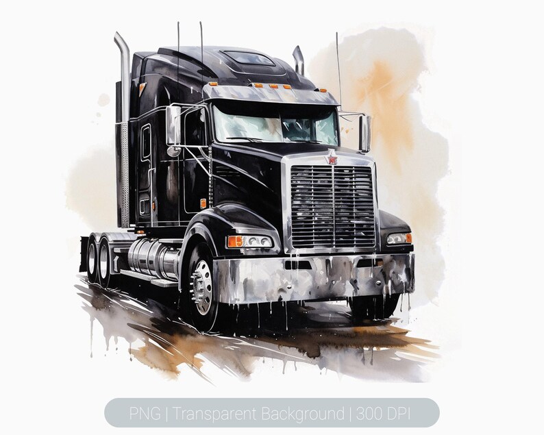 Semi Truck Clipart, Black 18 Wheeler Semi Truck, Watercolor, American ...