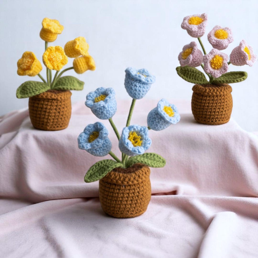 Handmade Crochet Flower Pot Plush | Knitted Tulip Bouquet Gift | Cute ...