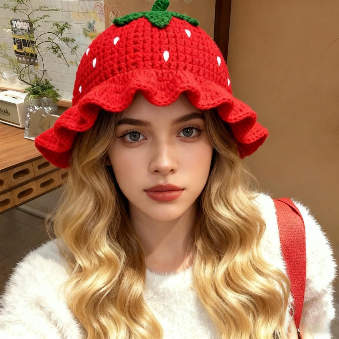 Crochet Strawberry Beanie, Handmade Fisherman Hat, Winter Red Berry Hat ...