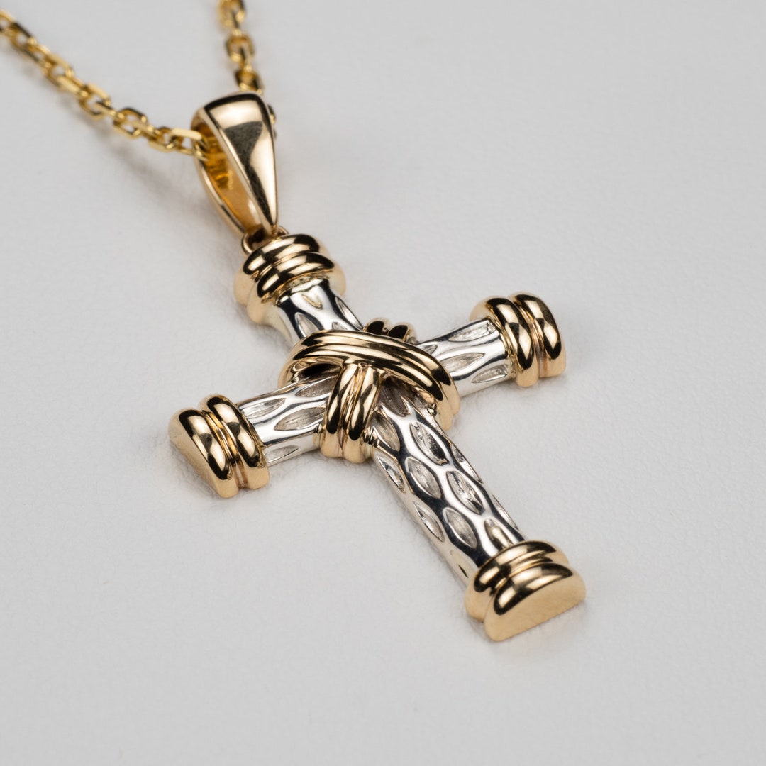 Two Tone Cross Necklace - 14k, 18k Yellow, Rose, White Gold or Platinum ...