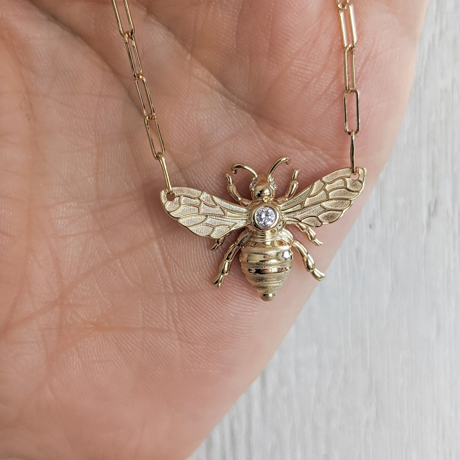 Floating Diamond Bee Necklace Solid Gold Bee Pendant. 14k | Etsy