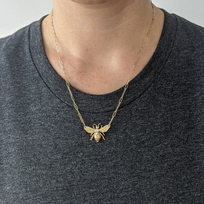 Floating Diamond Bee Necklace Solid Gold Bee Pendant. 14k | Etsy