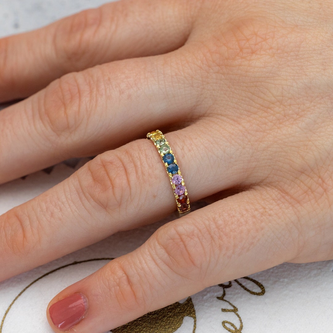 Pastel Rainbow Sapphire in U-cut Pave Setting - Multicolor Gemstone ...