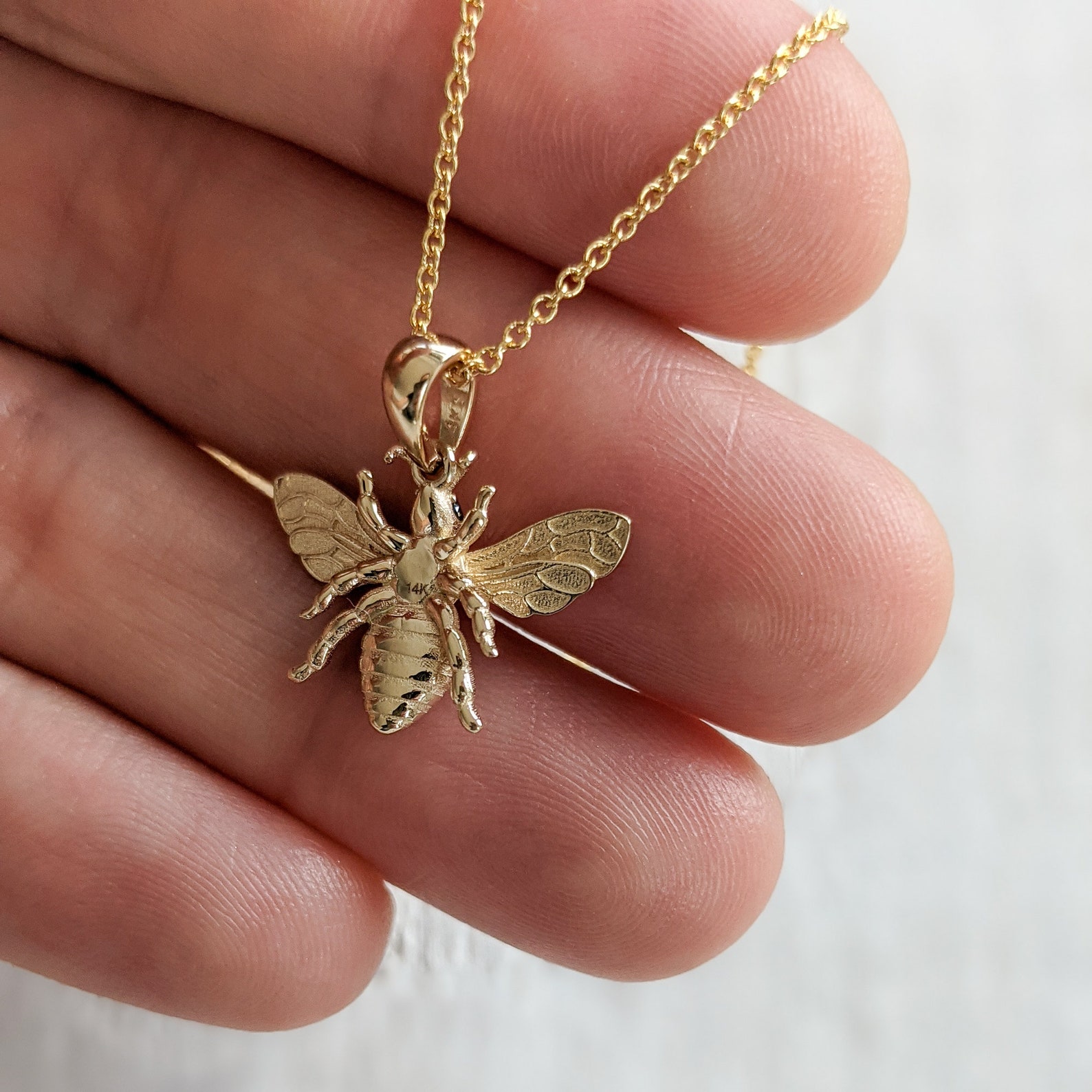 Tiny Bee Necklace Solid Gold Bee Charm. 14k 18k Rose | Etsy