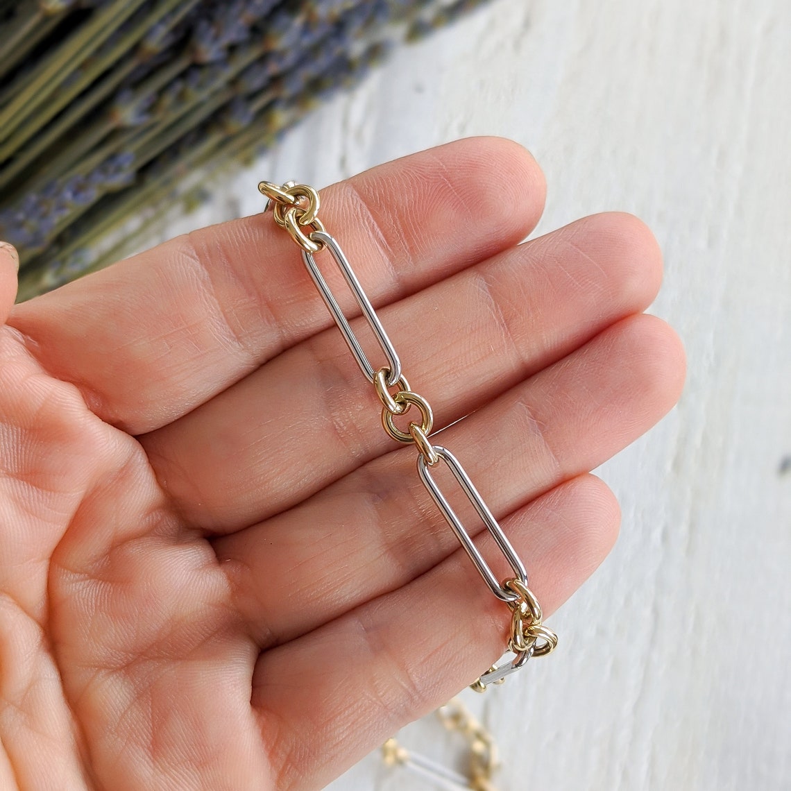 Two Tone Paperclip Link Chain Necklace 14k Yellow Gold & 14k | Etsy