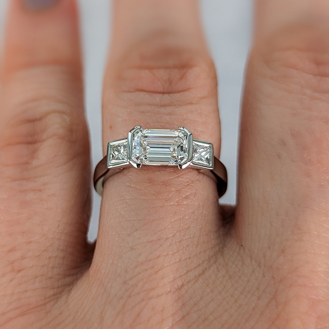 Emerald and Princess Cut Carat Diamond Three Stone Engagement Ring ...
