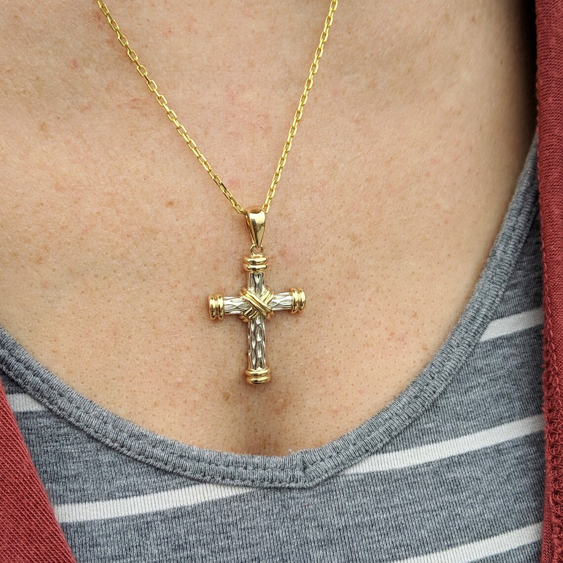 Two Tone Cross Necklace - 14k, 18k Yellow, Rose, White Gold or Platinum ...