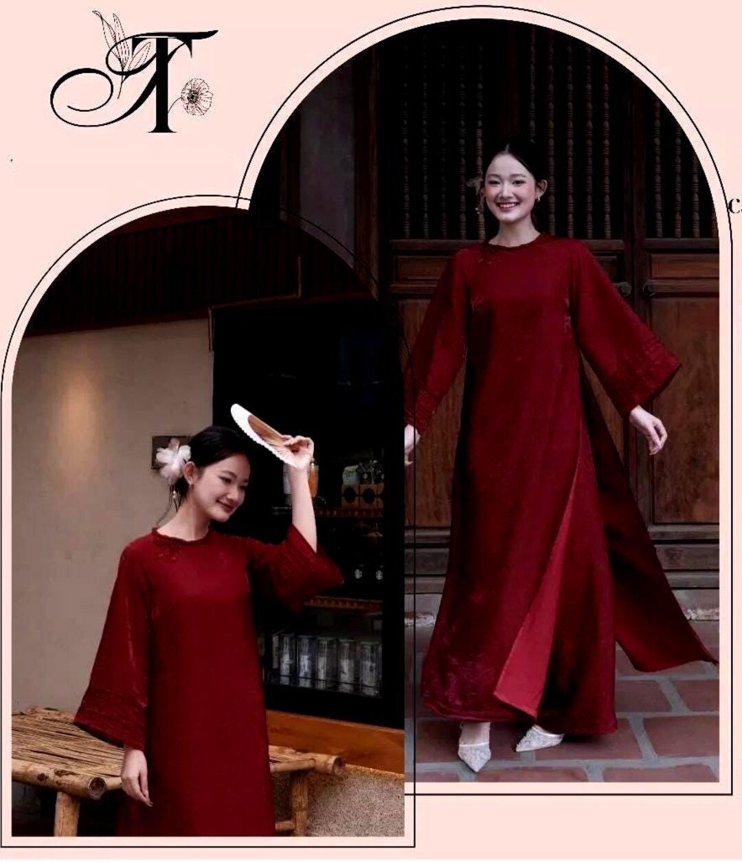 Ao Dai Gam Silk, Pre-make Vietnamese Ao Dai, Brocade Red Dress, Round ...