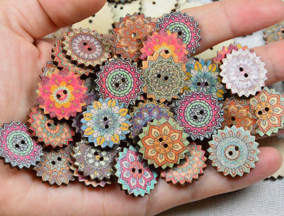 50pcs X 20mm Wooden Buttons, Boho Flower Buttons, Ethnic Retro Flower ...