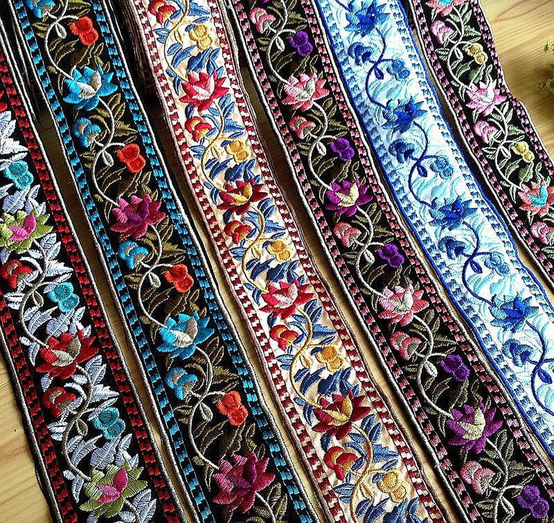 1 Yd/5 Yds Flower Embroidery Trim, 5cm Width Ethnic Embroidered Ribbon ...