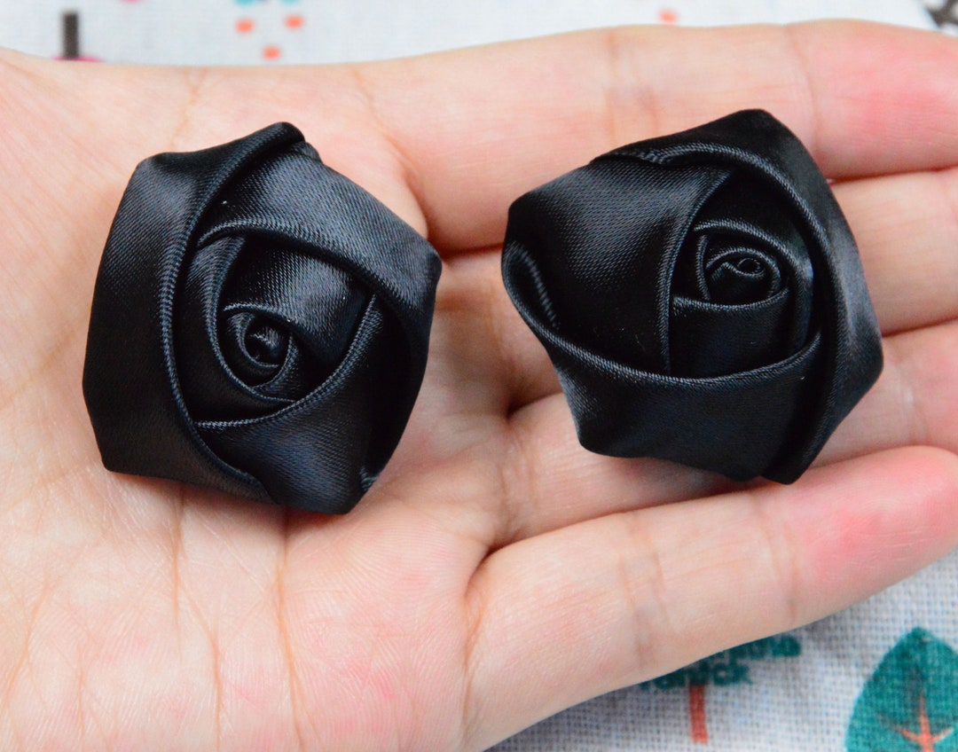 20pcs Black Satin Roses, Handmade Black Satin Ribbon Flowers Cabochons ...