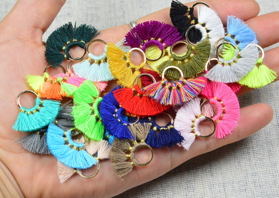4pcs Cotton Fan Tassels in Gold Hoop, Mini Fan Tassel Charms, Jewelry ...