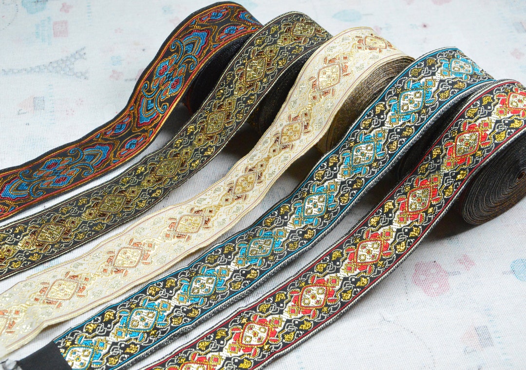 3.3cm Wide Geometric Flower Jacquard Ribbon Trim, Ethnic Embroidered ...