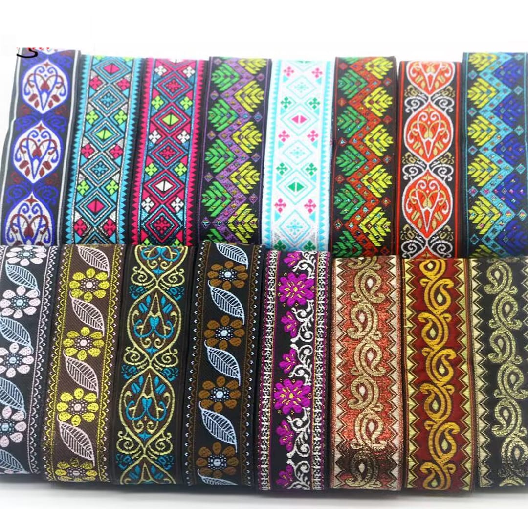 3.3cm Width Geometric Jacquard Ribbon, Ethnic Floral Embroidered Fabric ...
