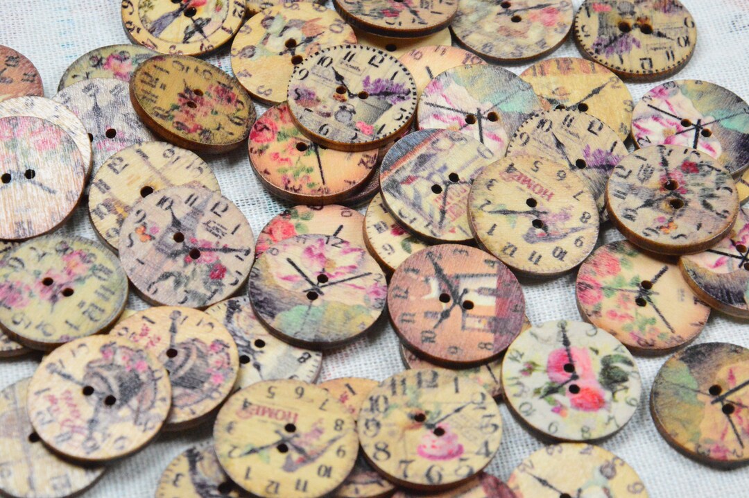 50 PCS X 25mm Clock Style Wooden Buttons, Vintage Design Wood Buttons ...