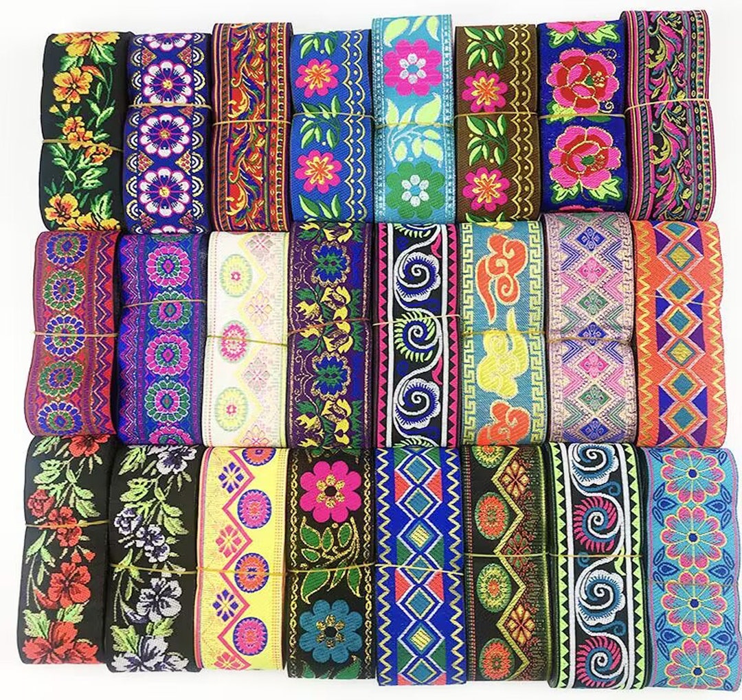 2''(5cm) Wide Ethnic Flower Jacquard Ribbon Trim, Geometric Floral ...