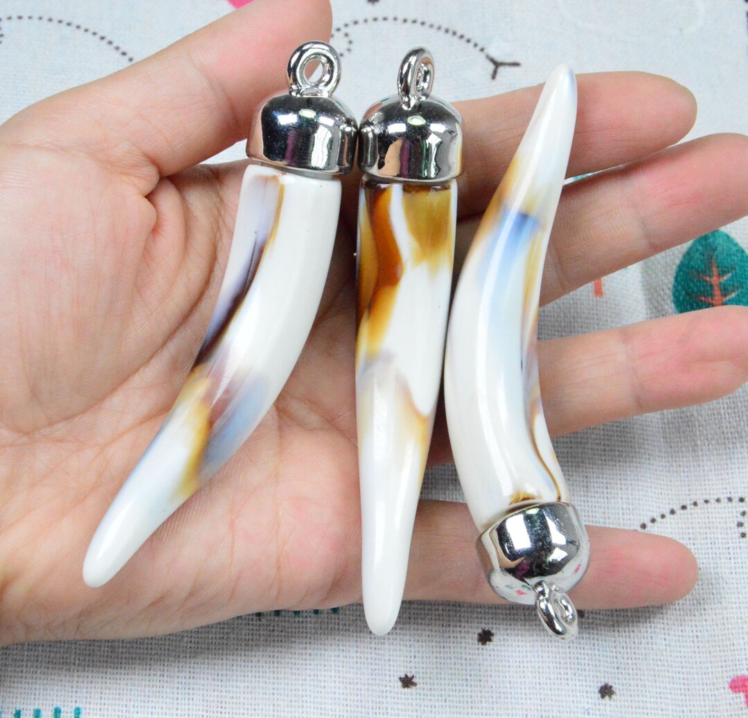 10 Pcs Marbled Ivory Plastic Sharp Animal Tooth With Cap Charms, Large ...