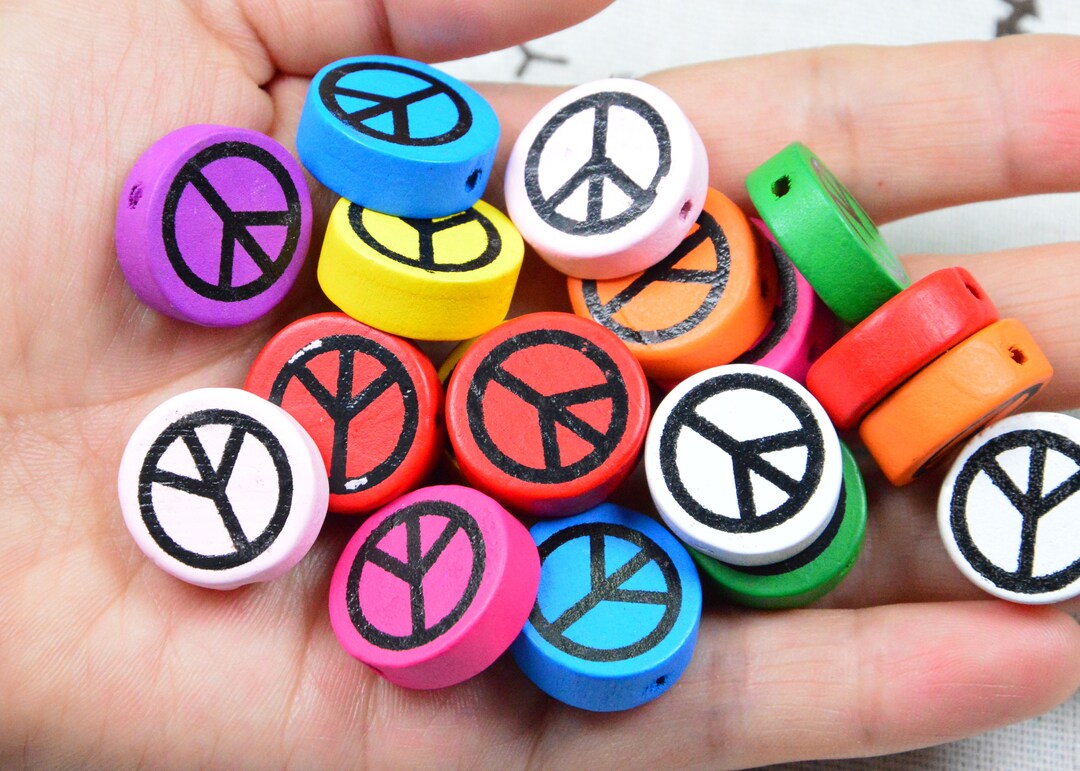 50pcs Assorted Color Wooden Disc Beads, Peace Sign Painted Flat Round ...