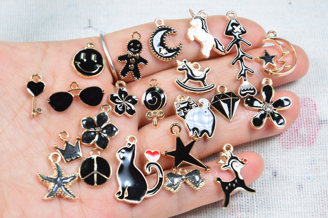 30pcs Assorted Black Theme Enamel Charms Collection, Gold Plated Alloy ...