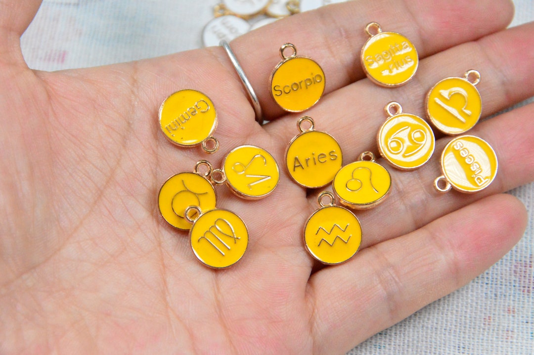 12PCS Yellow Enamel Zodiac Charms, Double Sided Zodiac Signs, Zodiac ...