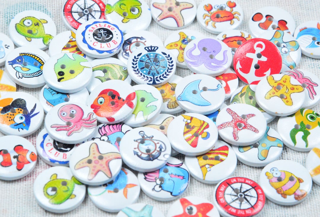 50PCS Sea Life Style Wooden Buttons, Fish Buttons, Nautical Buttons ...