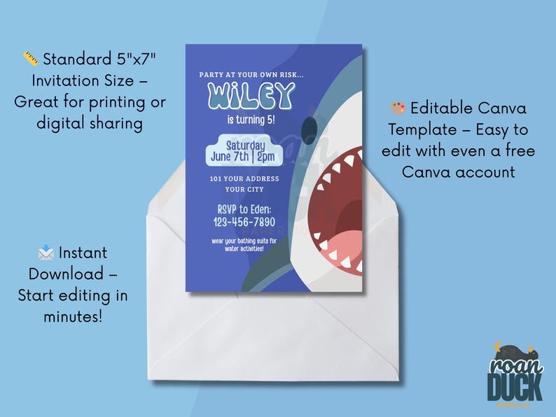 Editable Shark Birthday Party Invitation: Canva Template (digital ...