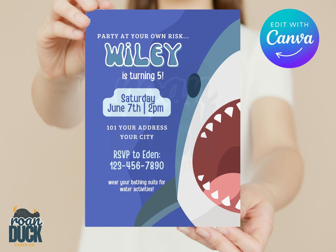 Editable Shark Birthday Party Invitation: Canva Template (digital ...