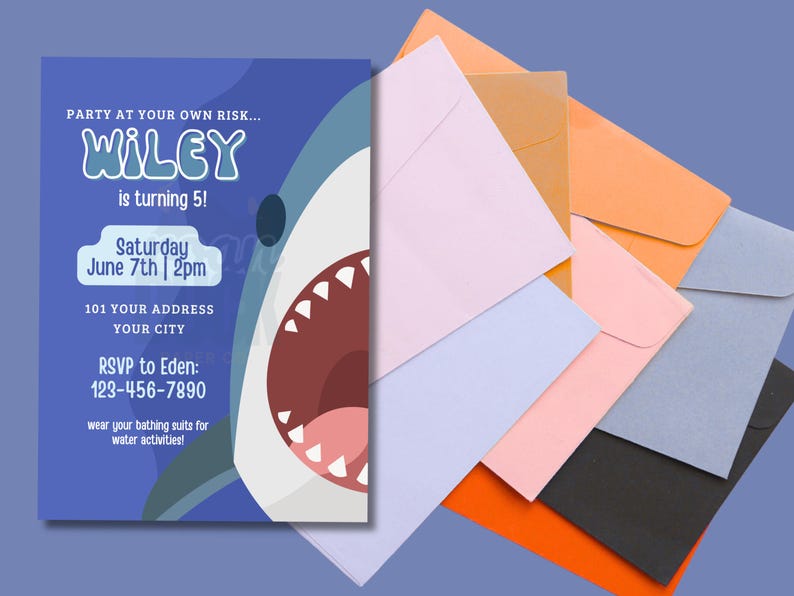 Editable Shark Birthday Party Invitation: Canva Template (digital ...