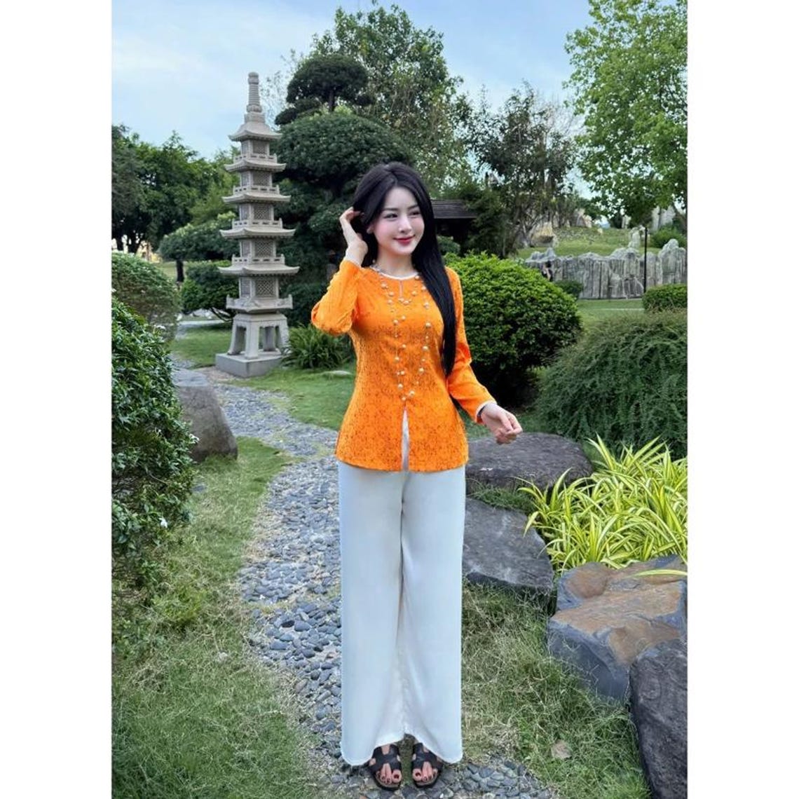 Vietnamese Ba Ba Outfit: Silk Pattern Pants, Decorative Button Top - Etsy