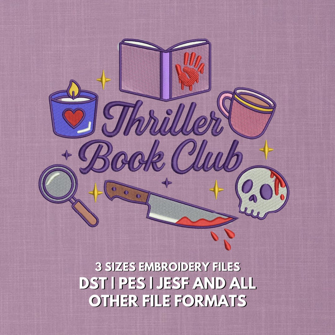 Thriller Book Club Embroidery Design | Knife Skull Coffee Candle Book ...
