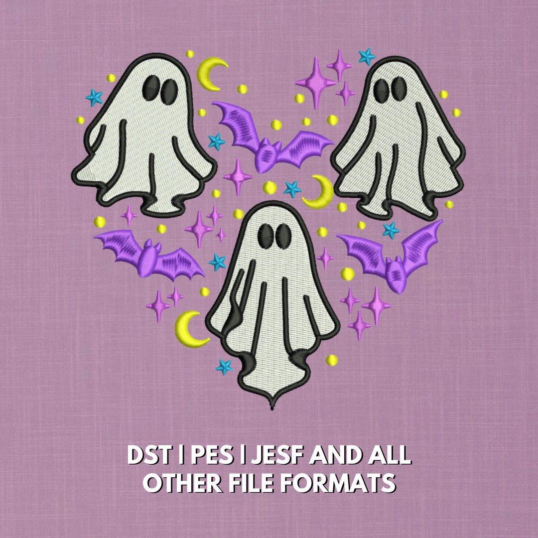 Spooky Ghost Trio Embroidery Design | Halloween Kawaii Ghosts With Bats ...