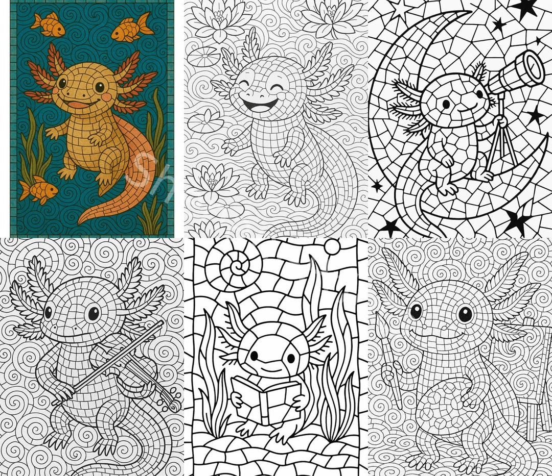 Axolotl Coloring Pages – Black and White Mosaic Style | Cute Animal ...