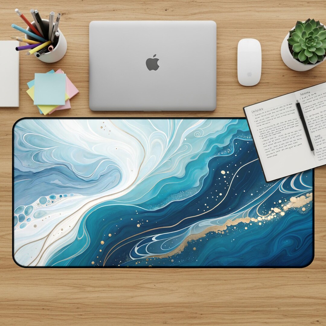 Abstract Desk Mat, Blue and Gold, Desk Pad, Mouse Pad, Desk Accessories ...