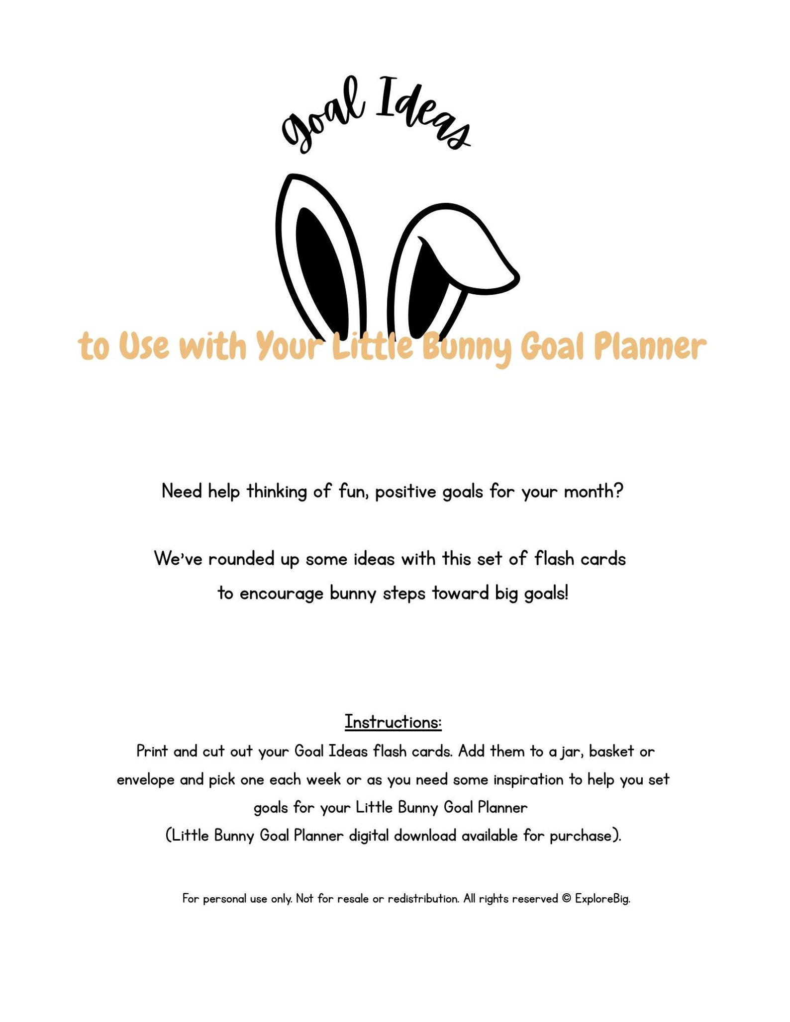 Goal Ideas Flash Cards (to Use Alone or With Your Little Bunny Goal ...