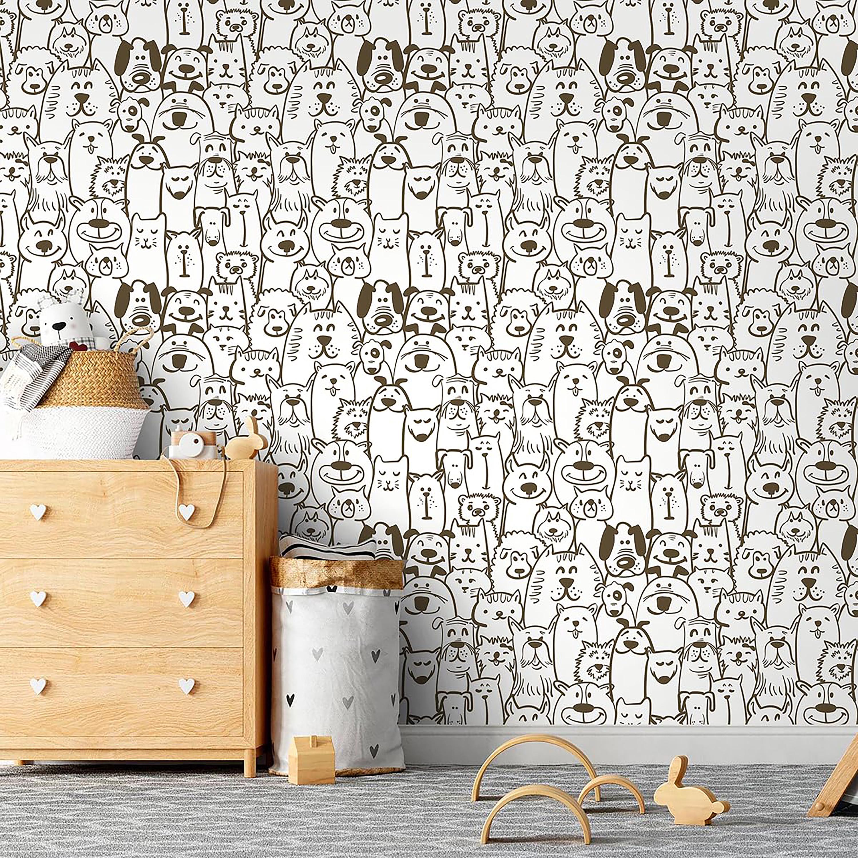 Dog & Cat Wallpaper: Whimsical Animal Wall Mural, Nursery Decor - Etsy