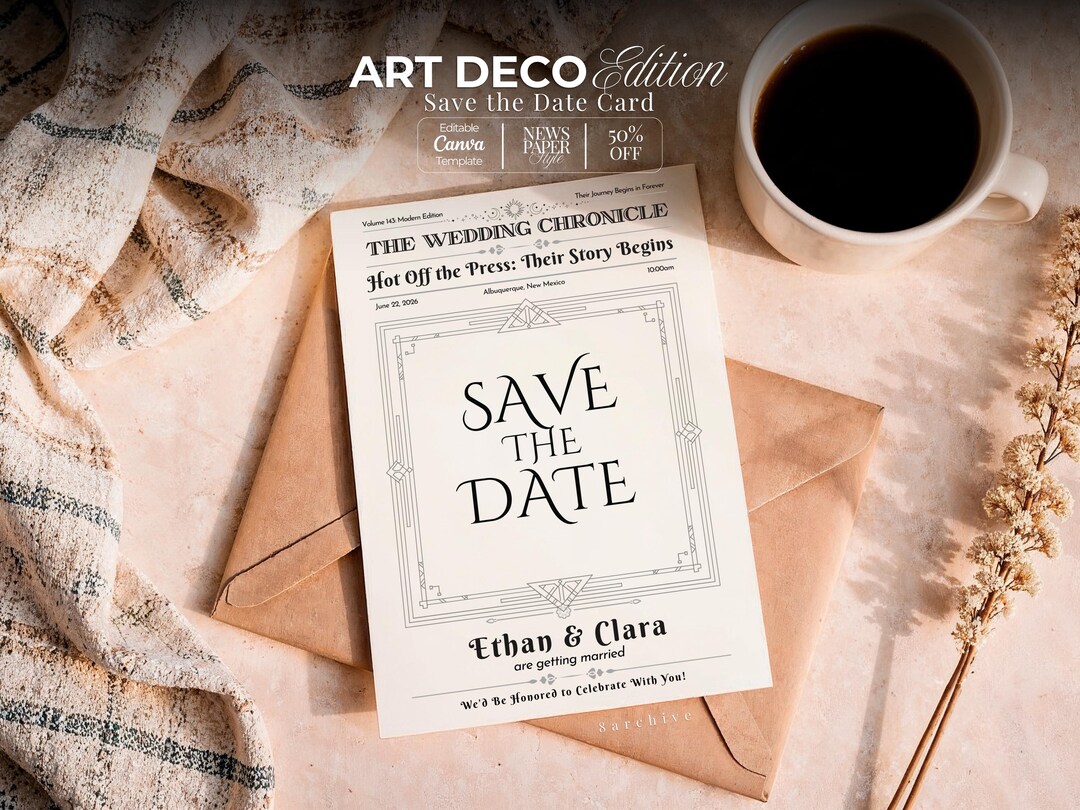 Art Deco Wedding Newspaper Template, Save the Date Card Printable ...