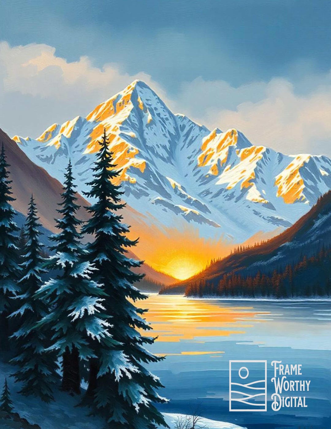 Serenity at Dawn: Printable Digital Landscape of Snow-capped Mountain ...