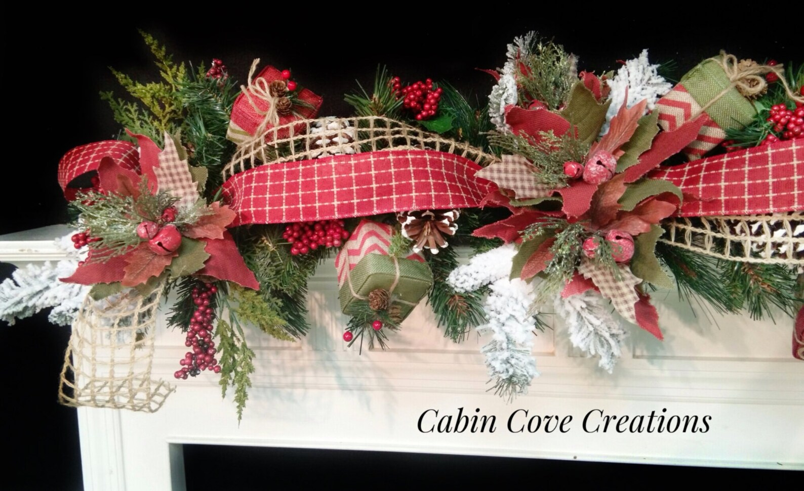 Farmhouse Christmas Mantel Garland Swag, Country Rustic With Burlap ...