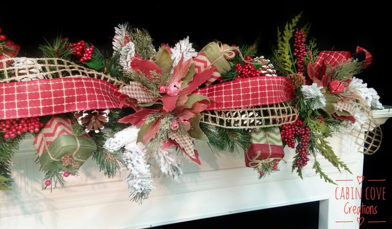 Farmhouse Christmas Mantel Garland Swag, Country Rustic With Burlap ...