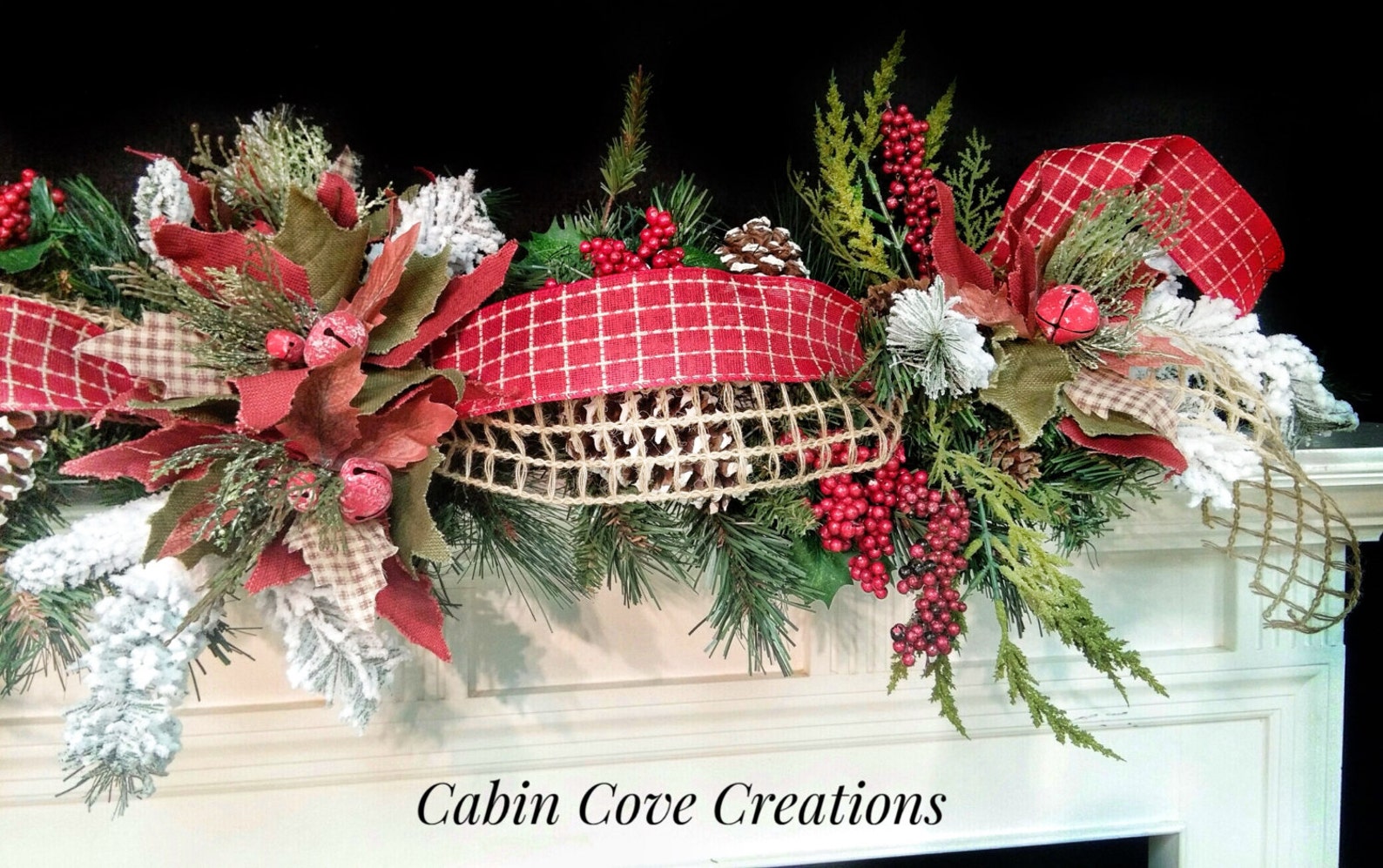 Farmhouse Christmas Mantel Garland Swag, Country Rustic With Burlap ...