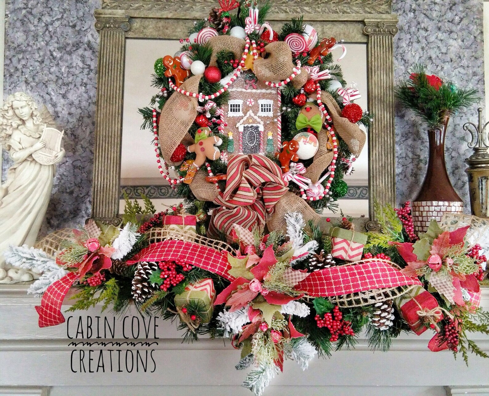 Farmhouse Christmas Mantel Garland Swag, Country Rustic With Burlap ...