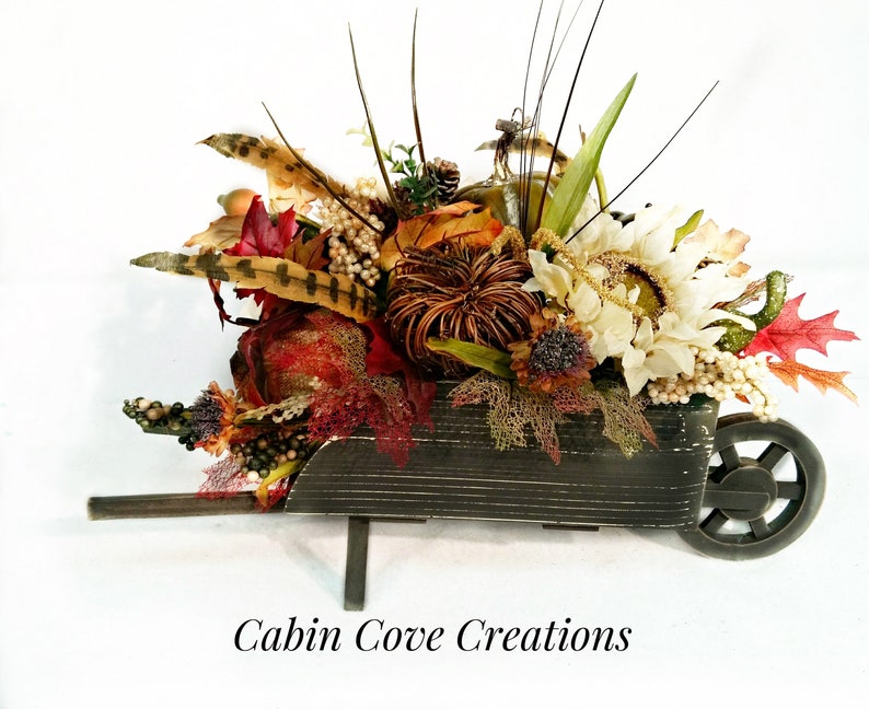 Rustic Fall Floral Arrangement in Wheelbarrow, Autumn Centerpiece ...